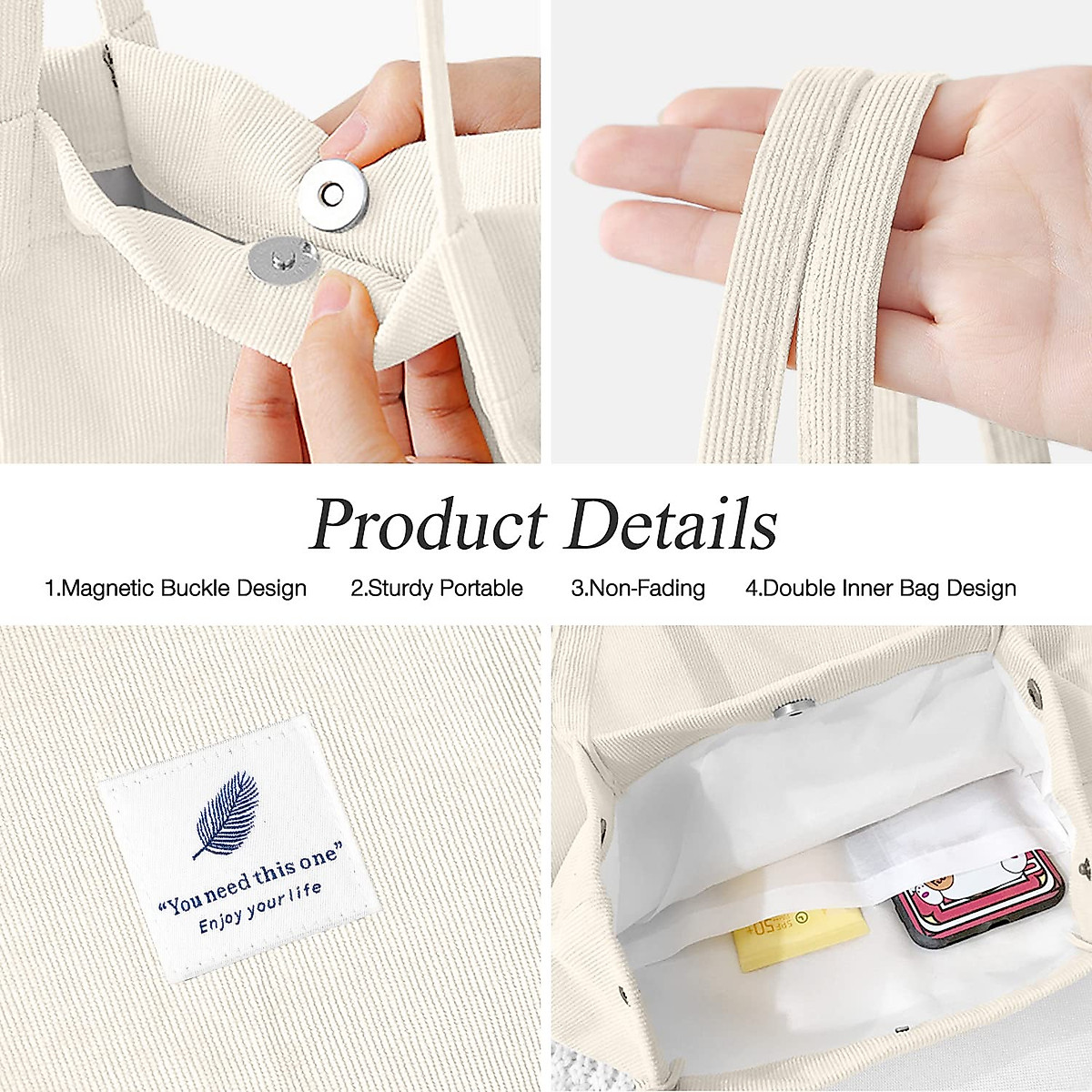 LHMTQVK Corduroy Tote Bags for Women, Large Capacity Corduroy Bag Reusable Grocery Shoulder Bag with Inner Pockets (Beige)