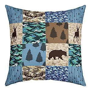 Erosebridal Hunting Animal Throw Pillow Cover 18x18 inch,Woodland Bear Deer Pillow Cover for Boys Kids,Camouflage Arrow Cushion Cover,Jungle Plants Patchwork Accent Pillow Case Waterproof,Blue Brown