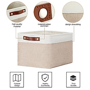 Uiifan 10 Pcs Collapsible Storage Bins Fabric Foldable Storage Basket with Handles Cloth Basket Organizer Linen Shelf Baskets for Shelves Home Closet Nursery Toys (Beige and White,16 x 12 x 10 Inch)