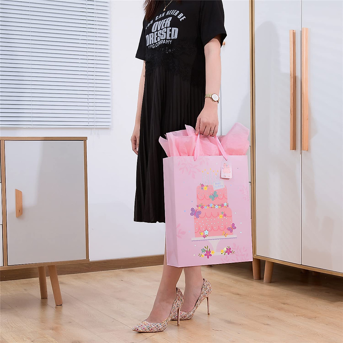 SUNCOLOR 16" Extra Large Gift Bag with Tissue Paper for Girls (Happy Birthday Cake)