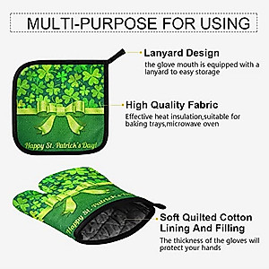 Green Saint Patrick's Day Ribbon Oven Mitts Pot Holder Sets 2pcs Spring Shamrock Leaves Non-Slip Kitchen Heat Resistant Hot Pads for Women Cooking Gloves Baking Wear BBQ