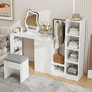 ARTETHYS Vanity Desk with Mirror and Lights White Makeup Desk with Storage Chair and Drawers Corner Vanity Table Set with Hanger and Storage Shelves
