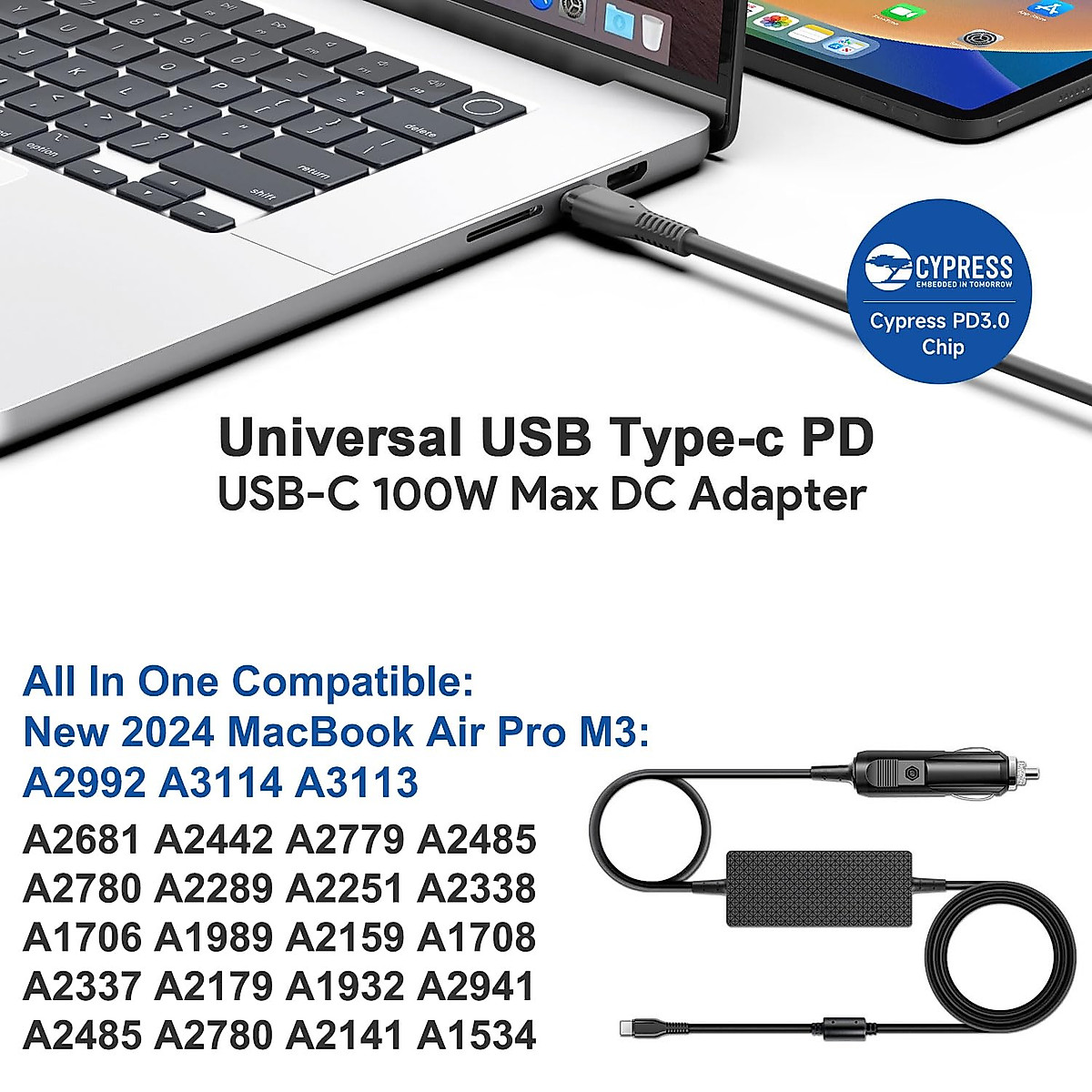 HKY Laptop Car Charger USB C PD 100W 95W 90W 65W 45W DC Adapter for Lenovo Thinkpad/Yoga/IdeaPad,Dell Latitude/XPS,LG Gram,MacBook Pro/Air,HP Spectre/Elitebook,Surface,Acer,Asus,MSI,Chromebook Charger