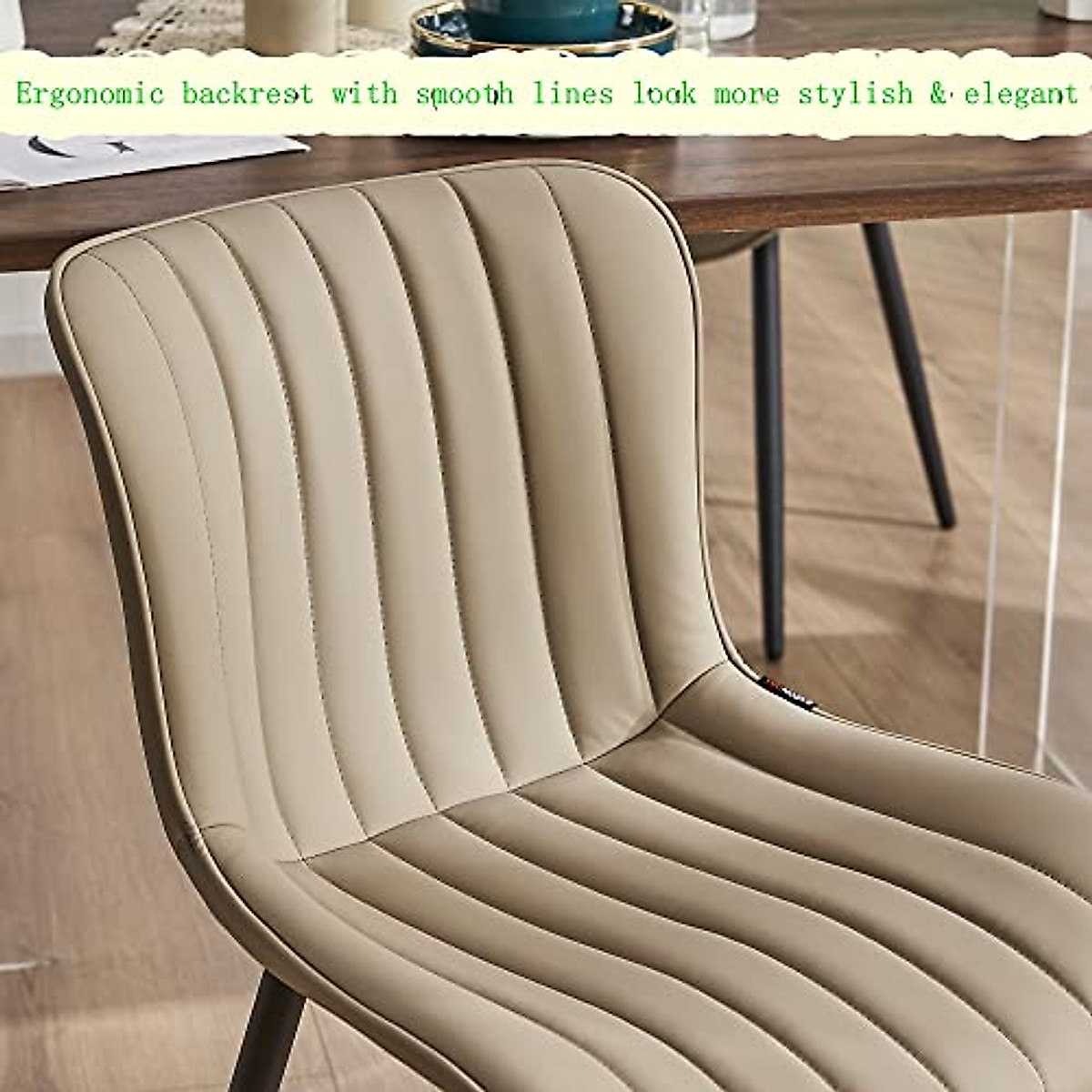 YOUNUOKE Dining Chairs Set of 2 Upholstered Mid Century Modern Lounge Chair Armless Faux Leather Makeup Chairs with Padded Backs Metal Legs Adjustable Feet for Kitchen Living Room Bedroom Khaki