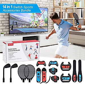 innoAura 14 in 1 Switch Sports Accessories Bundle, Switch Sports Bundle with Switch Steering Wheel, J-con Grip, Tennis Racket, Glof Club, Leg Strap, Wrist Strap Compatible with Switch/Switch OLED