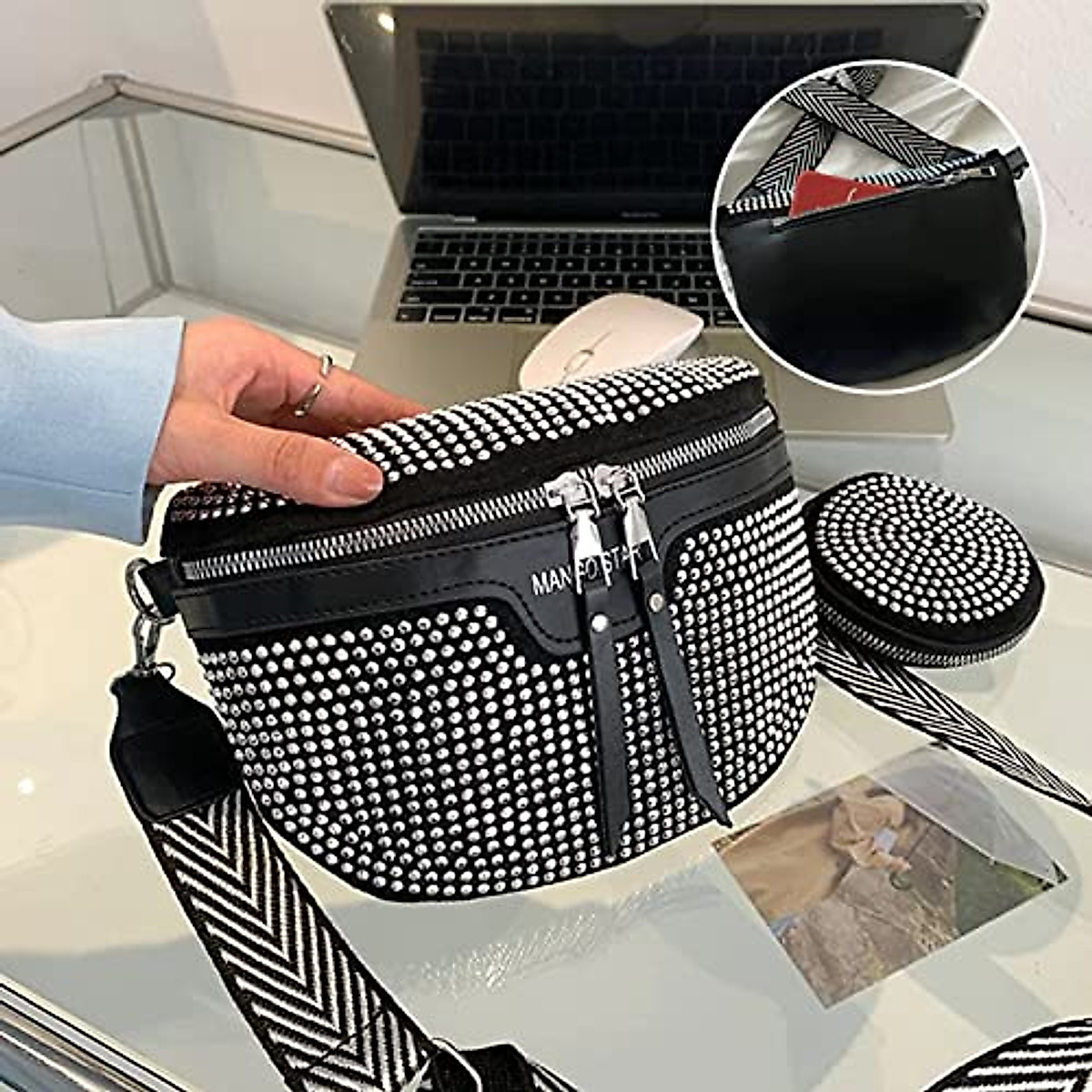 Fashion Rhinestone PU Leather Waist Bag,Sparkle Evening Handbag Crossbody Bags Bling Shoulder Bags,Rhinestone Purse for Women (Silver)