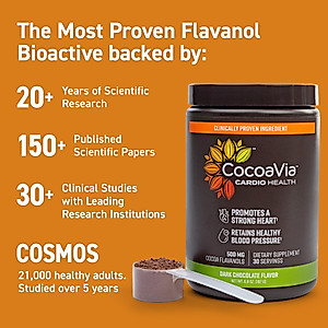 CocoaVia Cardio Health Cocoa Powder, 30 Servings, 500mg Cocoa Flavanols, Support Heart Health, Boost Nitric Oxide, Improve Circulation, Energy, Preworkout, Vegan, Dark Chocolate Cacao