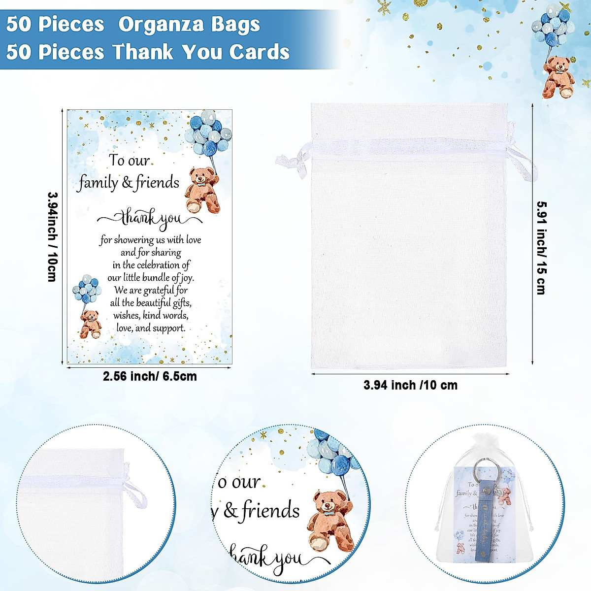 Ecally 50 Sets Baby Shower Favors for Guests PU Leather Keychain Bear Thank You Cards Organza Bags Gender Reveal Gifts (Blue, Boy Style)