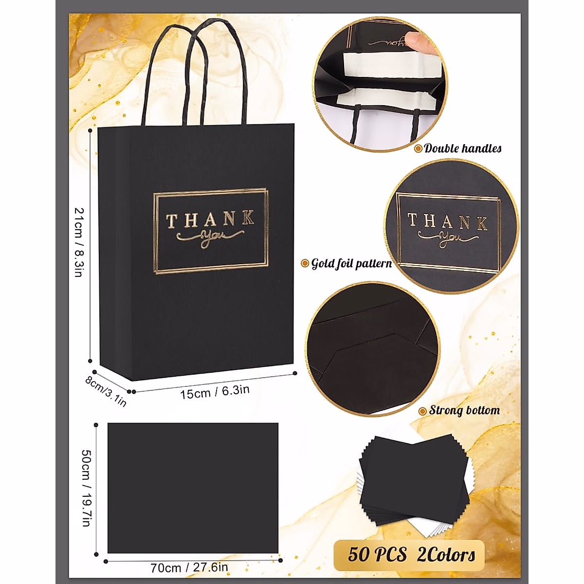 LWBDD 50 Pack Thank You Gift Bags-Small Size Thank You Bags in Bulk With Handles & Tissue Paper for Wedding, Baby Shower, Business, Shopping, Party Favors, Birthday, Hotel Guests (Black-Gold)