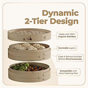 Prime Home Direct Bamboo Steamer Basket 12-Inch | 2-Tier Steamer for Cooking | 50 Liners, Chopsticks, Sauce Dish | Steaming Asian Food, Bao Buns, Chinese, Dim Sum, Dumpling, Rice, Vegetable Steam Pot