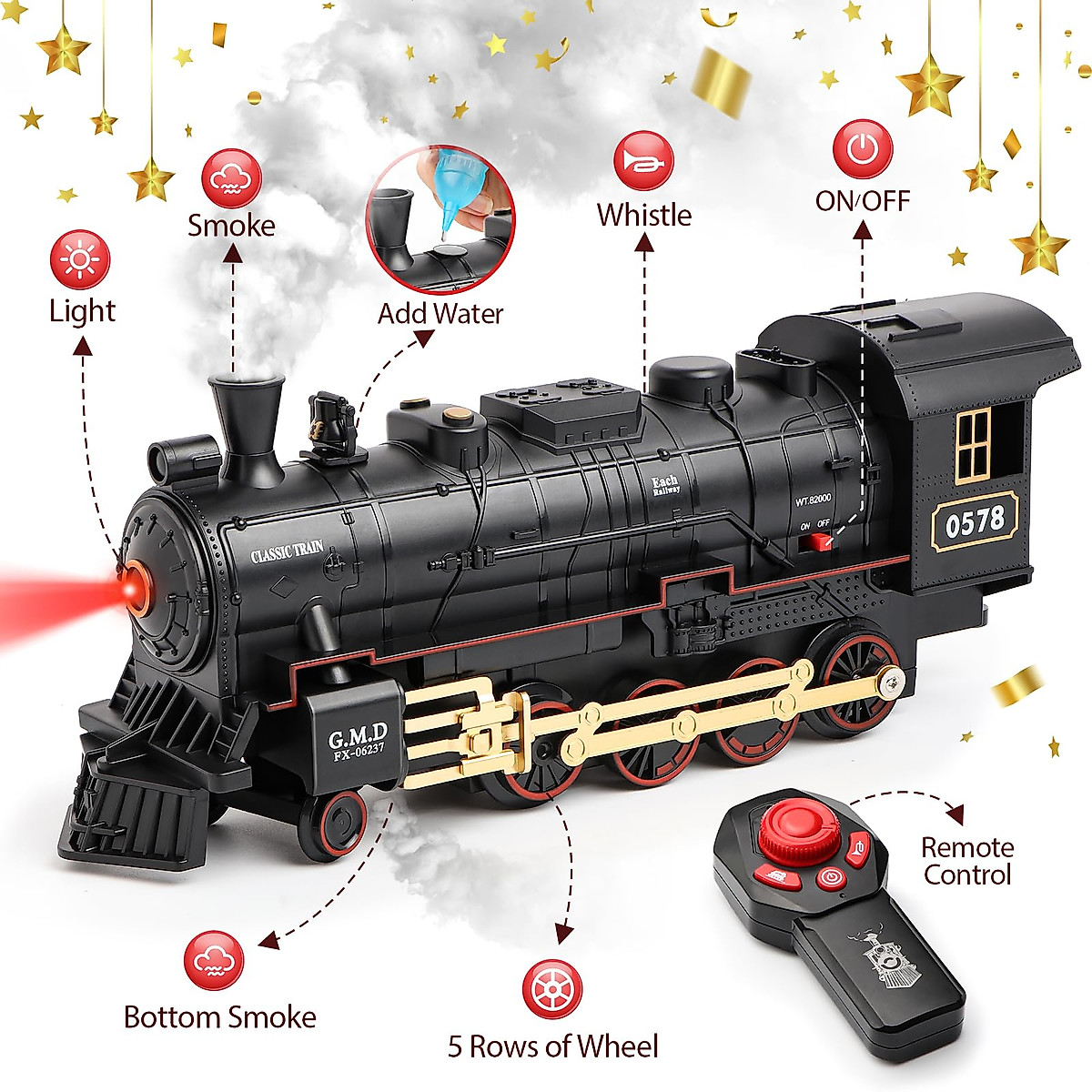 Hot Bee Train Set for Boys - Remote Control Train Toys w/Steam Locomotive, Cargo Cars & Tracks,Trains w/Realistic Smoke,Sounds & Lights,Christmas Train Toys for 3 4 5 6 7+ Years Old Kids