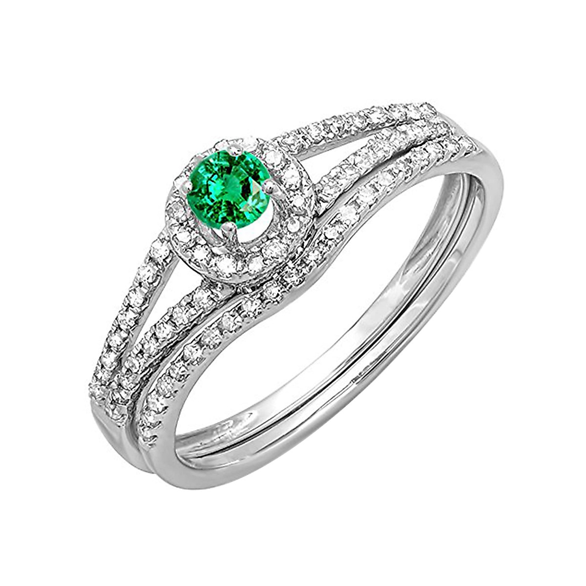 Dazzlingrock Collection 14K Round Emerald And White Diamond Bridal Halo Engagement Ring Wedding Band Set, White Gold, Size 6