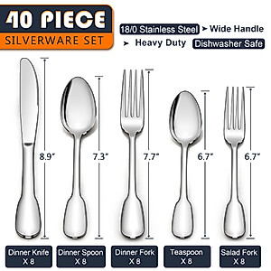 HaWare 40-Piece Silverware Set, Stainless Steel Flatware Service for 8, Fancy Cutlery Tableware with wide handle, Includes Dinner Knives Forks Spoons, Mirror Polished Eating Utensils, Dishwasher Safe