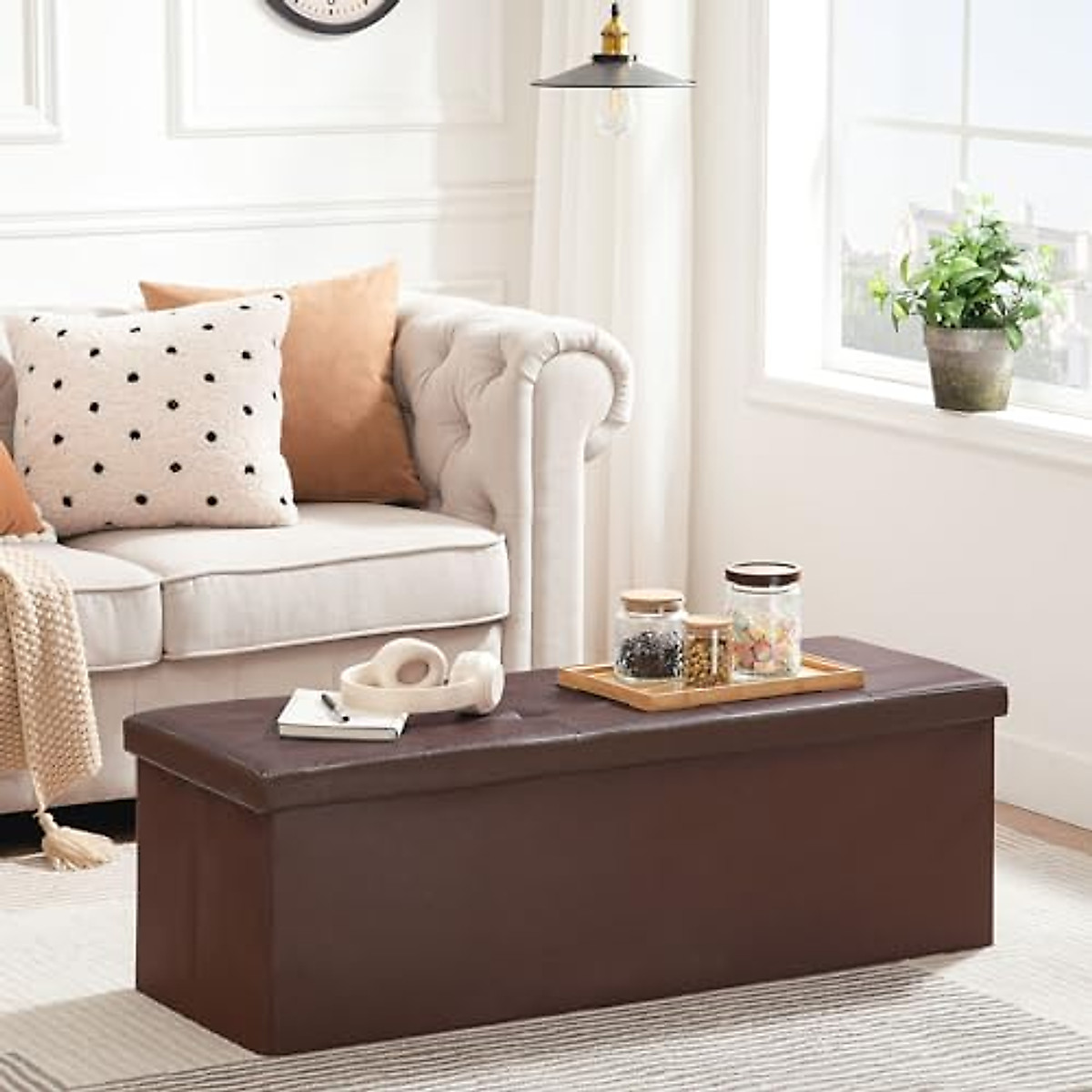 HOOBRO 43.3 Inchs Folding Storage Ottoman Bench, Storage Chest, Footrest, Coffee Table, Padded Seat, Upholstered Top, Holds up to 660 lb, for Living Room, Bedroom, Entryway, Brown BR110CW01