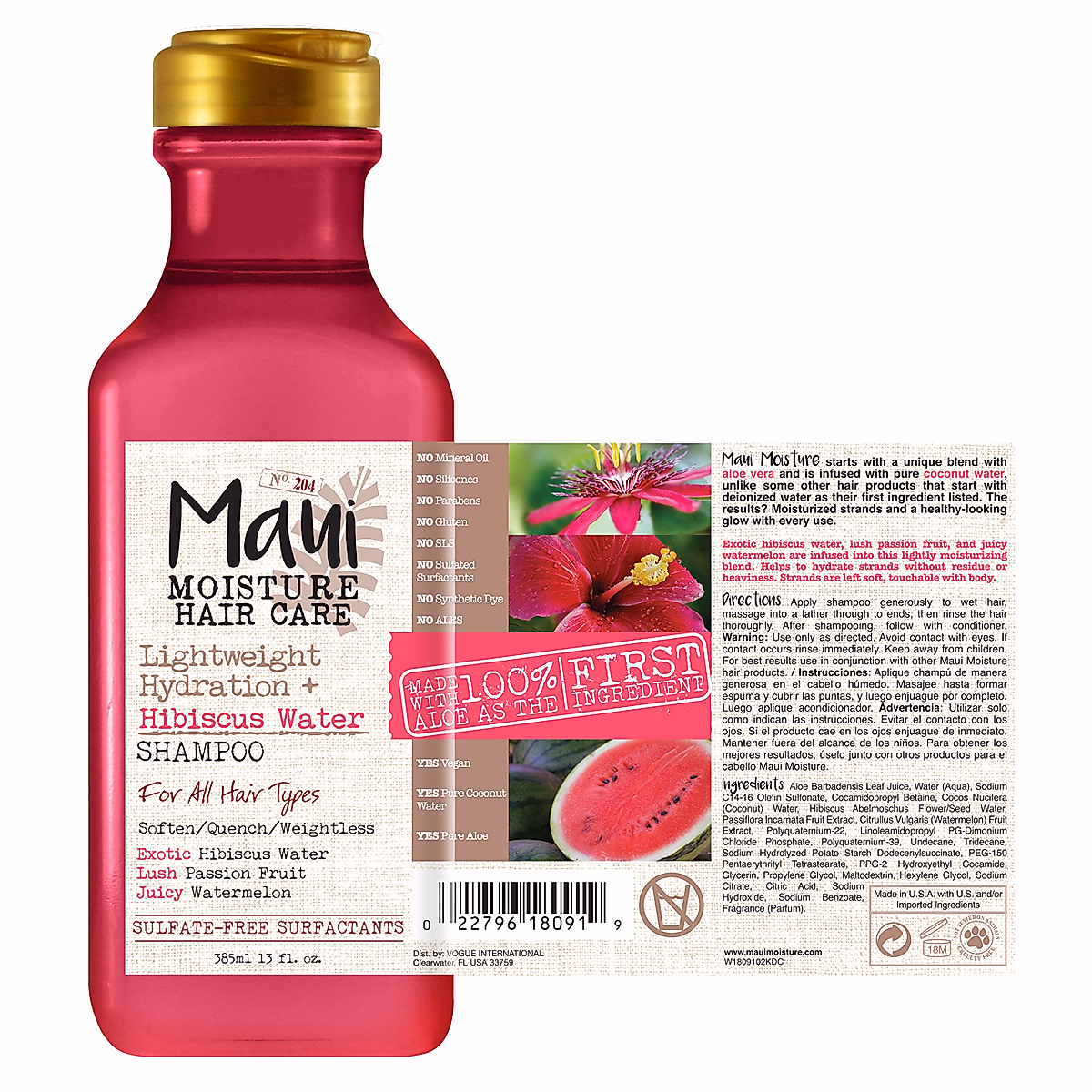 Maui Moisture Lightweight Hydration + Hibiscus Water Shampoo for Daily Moisture, No Sulfates, 13 fl oz