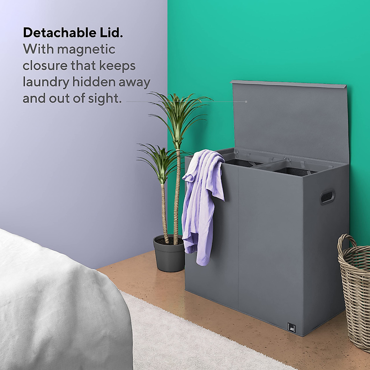 Double Laundry Hamper with Lid and Removable laundry Bags, Dirty Clothes Hamper - Collapsible Laundry Bin with 2 Compartment for Laundry Room, Bedroom, Bathroom, College Dorm, Oxford Collection, Grey