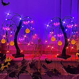 [ Orange & Purple ] 2 Pack Halloween Spooky Tree Decor with Timer 48 LED Lighted DIY 6 Pumpkins & 6 Bats 18 Inch Battery Operated Tabletop Artificial Black Tree Halloween Decor for Indoor Home Holiday
