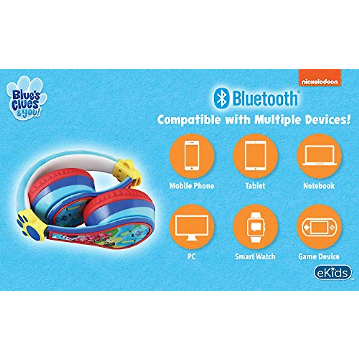 eKids Blues Clues Kids Bluetooth Headphones, Wireless Headphones with Microphone Includes Aux Cord, Volume Reduced Kids Foldable Headphones for School, Home, or Travel