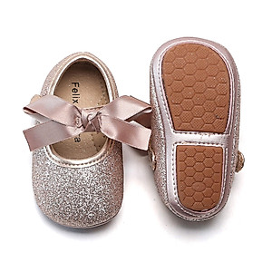 Felix & Flora Infant Baby Girls Shoes Soft Rubber Sole Princess Dress Shoes Baby Walking Shoes(Infant/Toddler)(12-18 Months Infant,Glitter Pink)