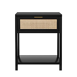 Anmytek 24" H Wood Nightstand, Mid-Century Modern End Table with Storage Drawer and Open Shelf Rattan Bedside Table Small Side Table for Living Room Bedroom, Black, H0020