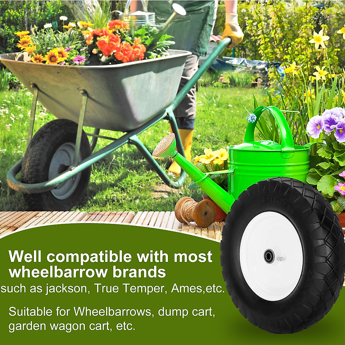 Pontuss Upgraded 16" Flat Free Wheelbarrow Wheels and Tires, 4.80/4.00-8 Solid Wheelbarrow Tires with 5/8"&3/4" Bearings,14"-16" Universal Fit Wheelbarrow Tires for Wheelbarrows/Garden Trailer