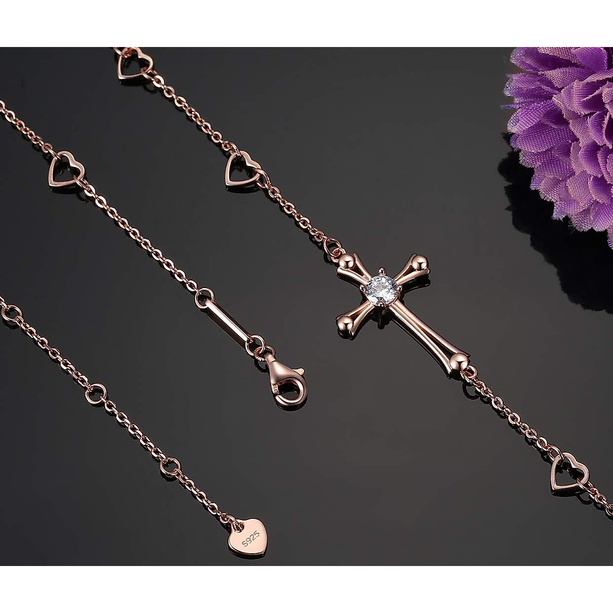 Cross Ankle Bracelet For Women, 925 Sterling Silver Charm Adjustable Foot Anklet, Large Cross Bracelet (Rose Gold One Cubic Zirconia Cross)