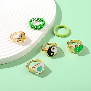 Y2K Resin Rings Colorful for Women Teen Girls,Chunky Rings Ying Yang Trendy Smiley Face Flower Heart Enamel Rings,Aesthetic Statement Stackable Ring Set Rings Jewelry (GREEN)