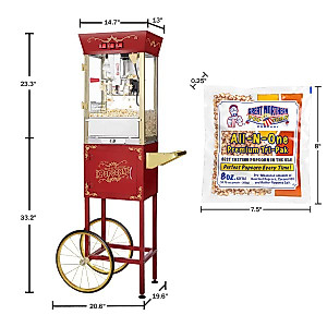Matinee Popcorn Machine and Cart – 3 Gallon Popcorn Popper, 8oz Kettle, Warmer, and 5 All-In-One Popcorn Packs by Great Northern Popcorn (Red)