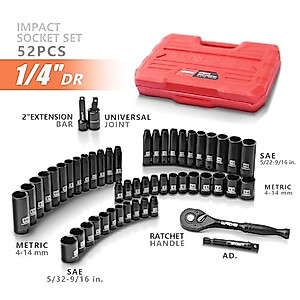 LLNDEI 1/4”Drive Impact Socket Set, 52 PCS Mechanic Tool Set with 72-Tooth Ratchet & Adapter, CR-V, Metric and SAE Sockets Storage Kit for Household Automotive Repair DIY Project