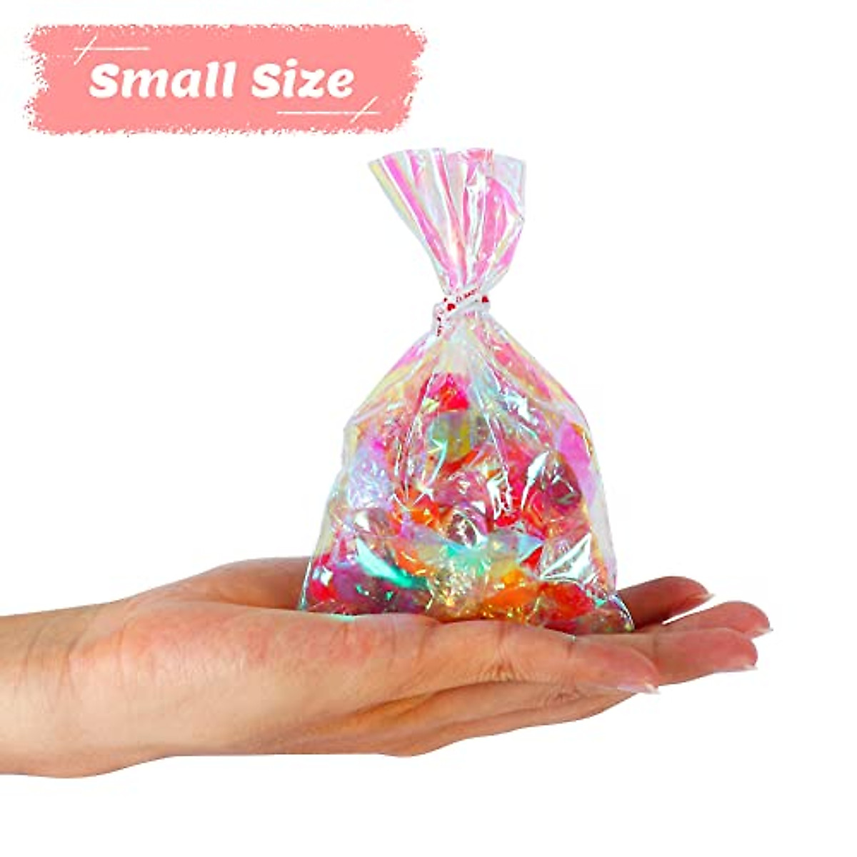 HRX Package 100pcs Small Iridescent Cellophane Treat Bags with Ties, 4x6 inch Holographic Plastic Goody Bags for Candy, Cake Pops, Favors