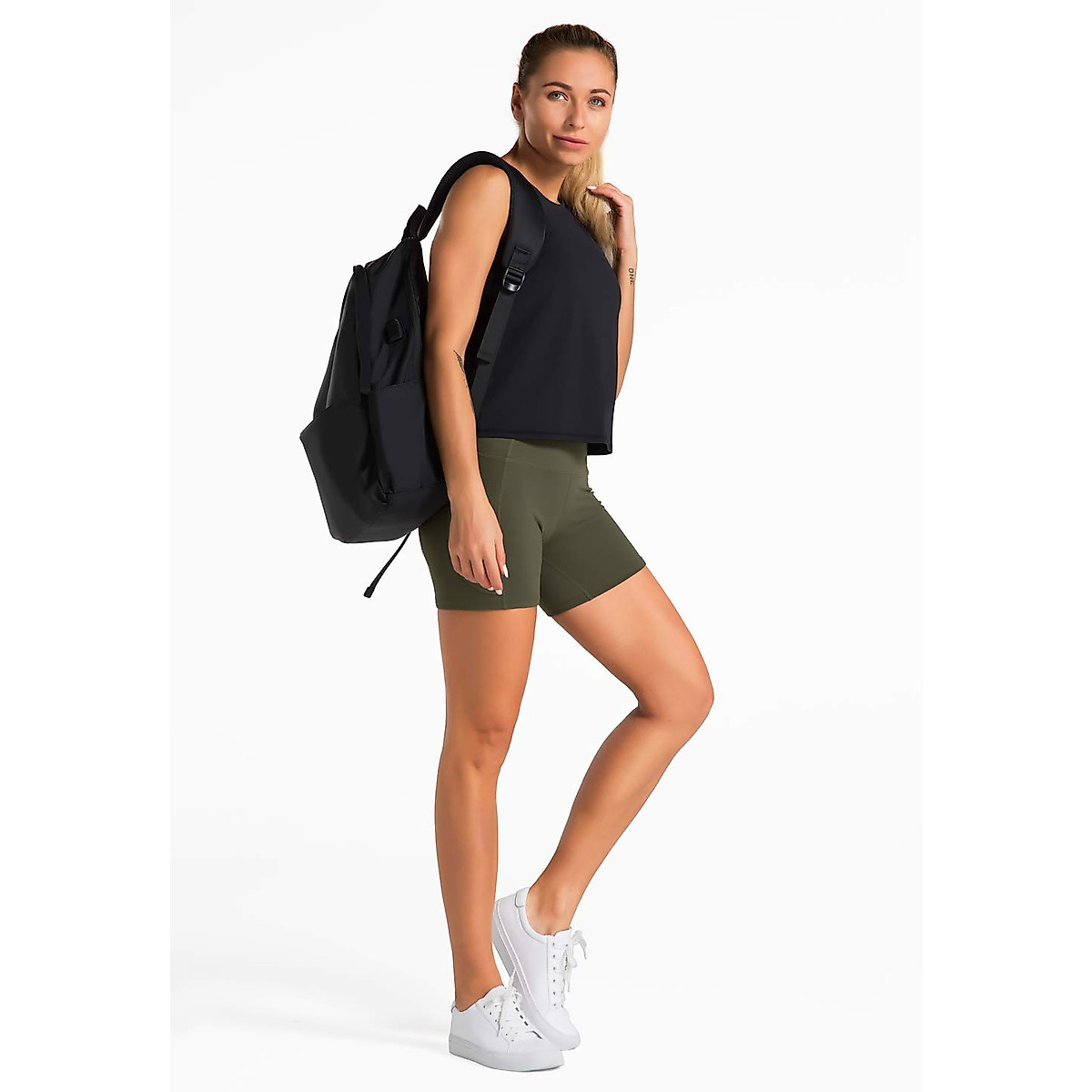 Dragon Fit High Waist Yoga Shorts for Women with 2 Side Pockets Tummy Control Running Home Workout Shorts (Large, Olive Green)