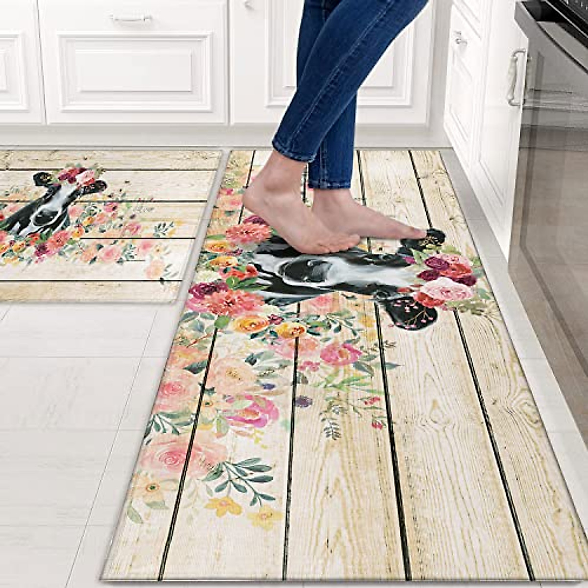 Cow Print Rugs for Kitchen Floor, Farmhouse Kitchen Mats Cushioned Anti Fatigue 2 Piece Set, Memory Foam Kitchen Mat Set of 2 and Kitchen Runner Rug Washable for Home Kitchen Decor 17"x30"+17"x47"