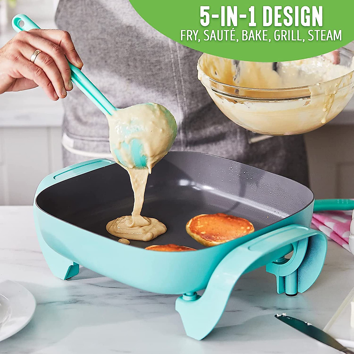 12" Ceramic Nonstick Electric Skillet - Square with Glass Lid, Dishwasher Safe, Turquoise