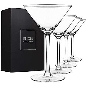 ELIXIR GLASSWARE Martini Glasses Set of 4 - Hand Blown Crystal Martini Glasses with Stem - Elegant Cocktail Glasses for Bar, Martini, Cosmopolitan, Manhattan, Gimlet, Pisco Sour 9oz, Clear…