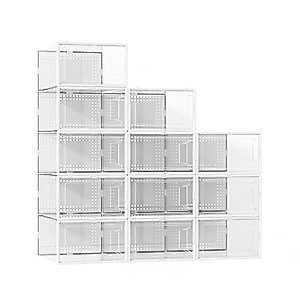 12 Pack Large Shoe Organizer Storage Boxes for Closet, Modular Space Saving Shoe Boxes Clear Plastic Stackable Sneaker Containers Display Case with Lids, White