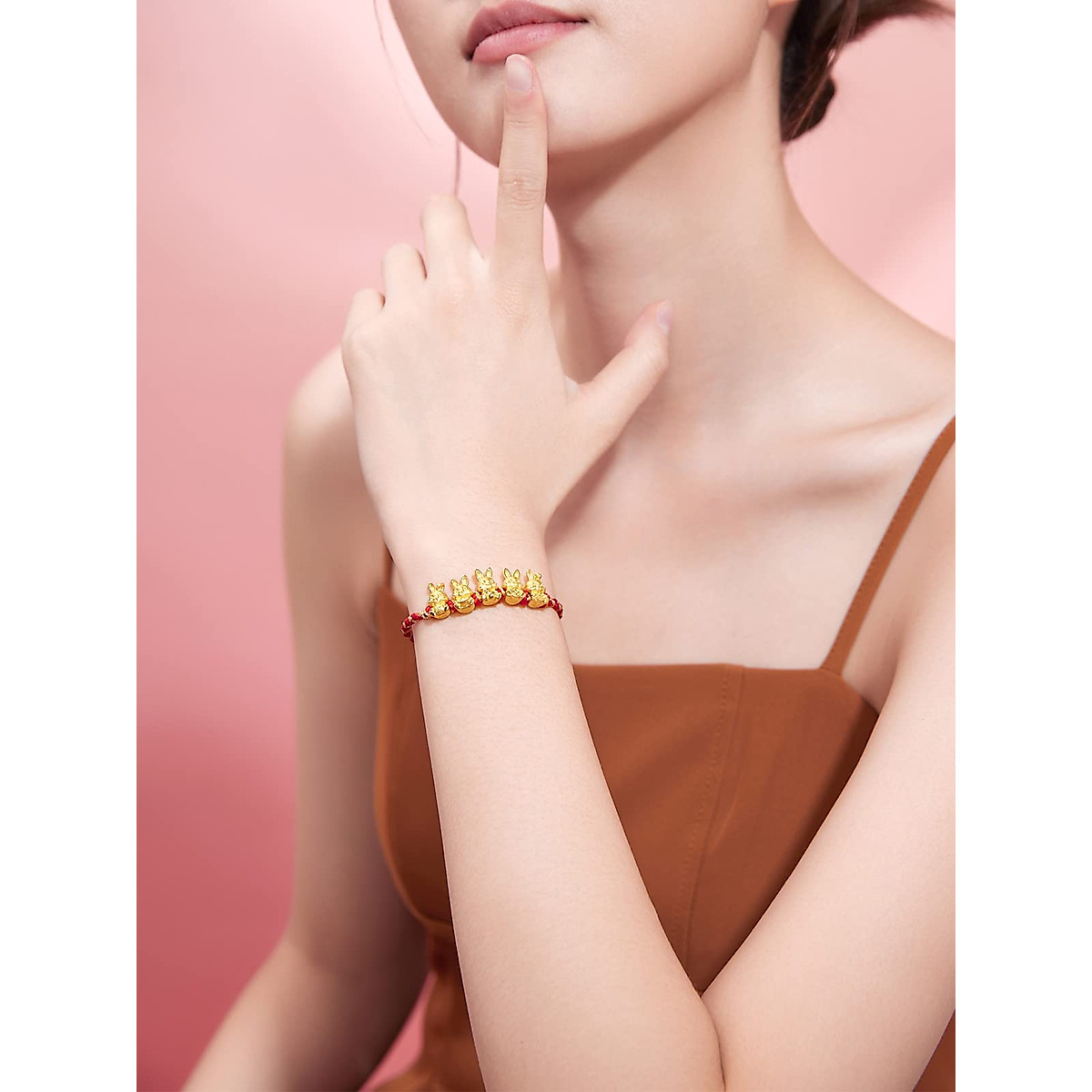 ZHOU LIU FU Real Gold Charm Bracelets for Women, Adjustable 5 Lucky Rabbit 24K Solid Gold Jewelry Braided Red Bracelet, Fortune Rabbit Charm Bracelets Lucky Bunny Pure Gold Bangle Bracelets