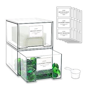 Laundry Room Organization Storage Drawer with Labels, Dryer Sheet Holder, Laundry Pod Containers, Laundry Detergent Dispenser, Clear Stackable Drawers for Laundry Room Organizing Decor (2 pack)