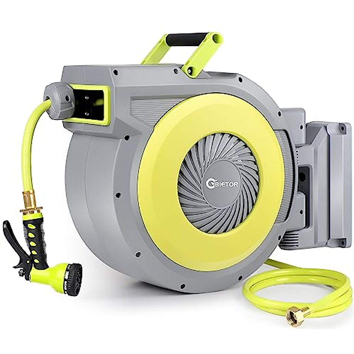 Bietor Retractable Garden Hose Reel 1/2 Inch x 130 ft + 6 ft, Wall Mounted Water Hose Reel, with 9 Pattern Hose Nozzle, Slow Return System, Any Length Lock, 180°Swivel Bracket