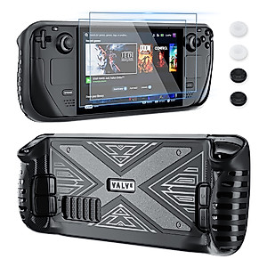 GLDRAM Upgrade Case for Steam Deck, TPU Cover for Valve Steam Deck, Protective Accessories with 2 Screen Protectors, 4 Thumb Grip Caps, Black Skin for Steam Deck Console, Shock-Absorption, Non-Slip