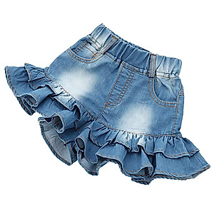 TIBE PINCESS Girls Denim Shorts 2 Layers Ruffles Lace Kids Fashion Skirt Shorts Summer Beach Sports Shorts Light Blue Size 3-4T