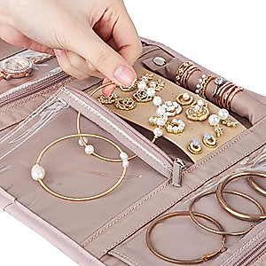BELALIFE Travel Jewelry Case Organizer, Foldable Jewelry Storage Roll for Earrings, Necklaces, Rings, Bracelets, Brooches, Pink