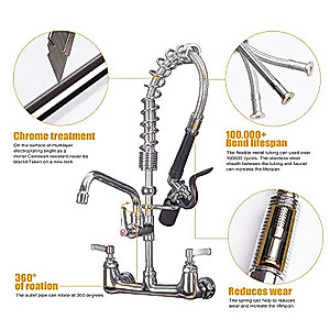 JZBRAIN Commercial Sink Faucet with Sprayer 21" Height 8 Inch Center Solid Brass Construction & Polished Chrome Wall Mount Commercial Kitchen Faucet with 8" Swing Spout for 1 or 2 Compartment Sink