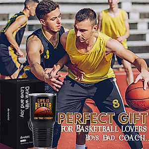 Basketball Gifts, Basketball Gifts for Coach, Basketball Lovers, Dad, Son, Man, NBA Teammates on Birthday - Life Is Better On The Court - Onebottl Stainless Steel Tumbler 30Oz - Black