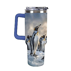 LLUTSNTH 40 Oz Vacuum Tumbler with Deep Blue Handle Leakproof Insulated Tumbler Sea Penguin Stainless Steel Travel Mug with Lid And Straw Coffee Cup Cute Water Bottles Cup Holder Friendly