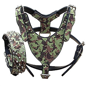 Benala Leather Spikes Dog Harness and Collar Heavy Duty Set for Pitbull,German Shepherd,Golden Retriever (Camouflage,L)