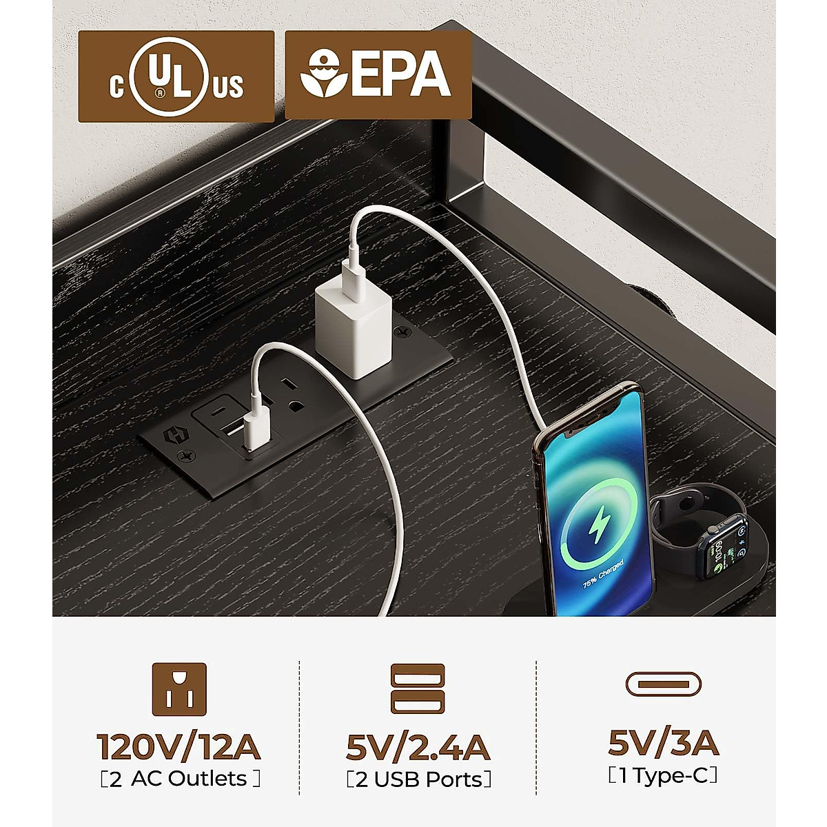 Rolanstar Dresser with Power Outlets and LED Lights, 8 Drawers Dresser with Side Pockets, Fabric Chest of Drawers with PU Finish, Tall Dresser with Sturdy Frame & Wood Top for Bedroom, Black