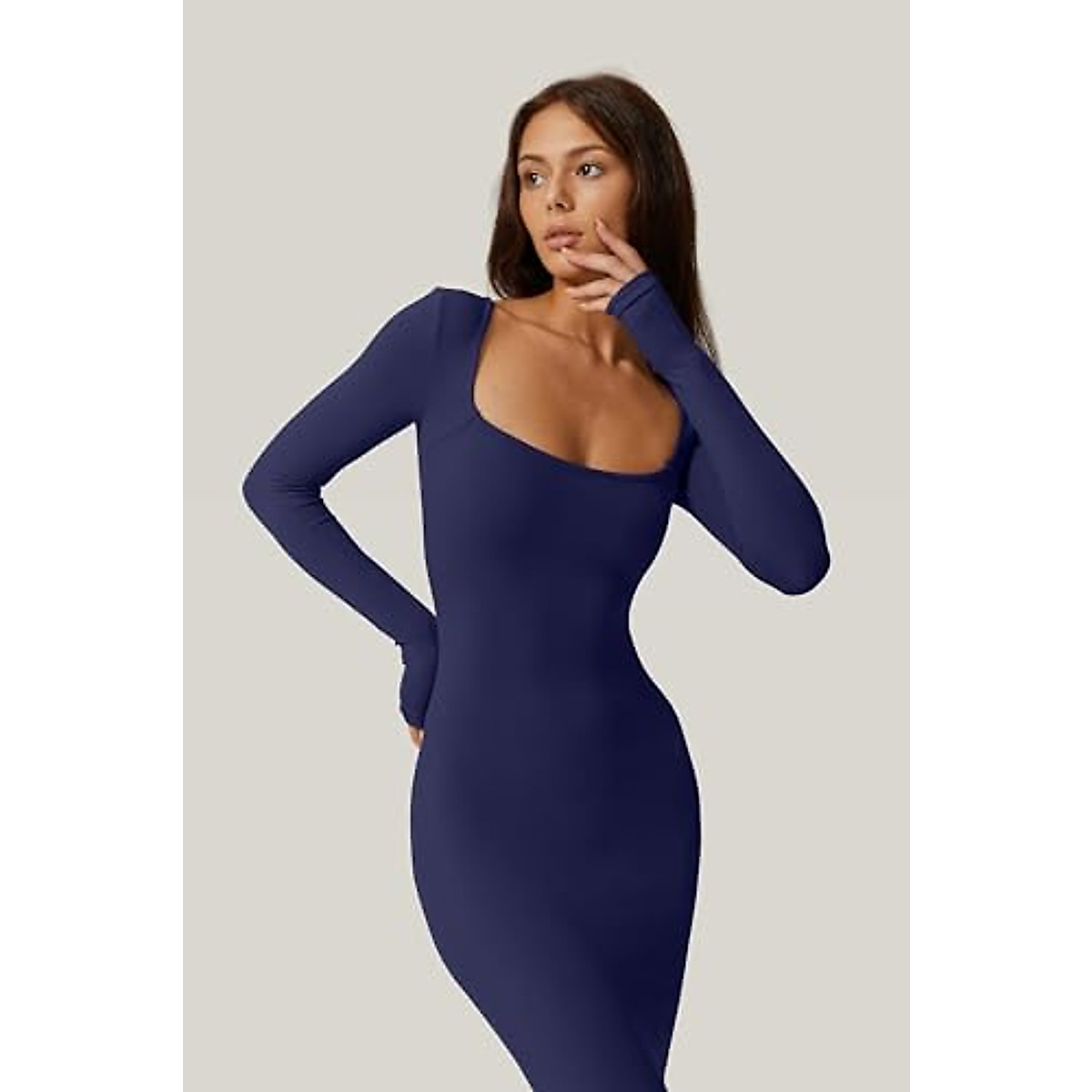 QINSEN Women's Long Sleeve Slip Maxi Dress Sexy Square Neck Ribbed Bodycon Long Dresses Navy Blue S