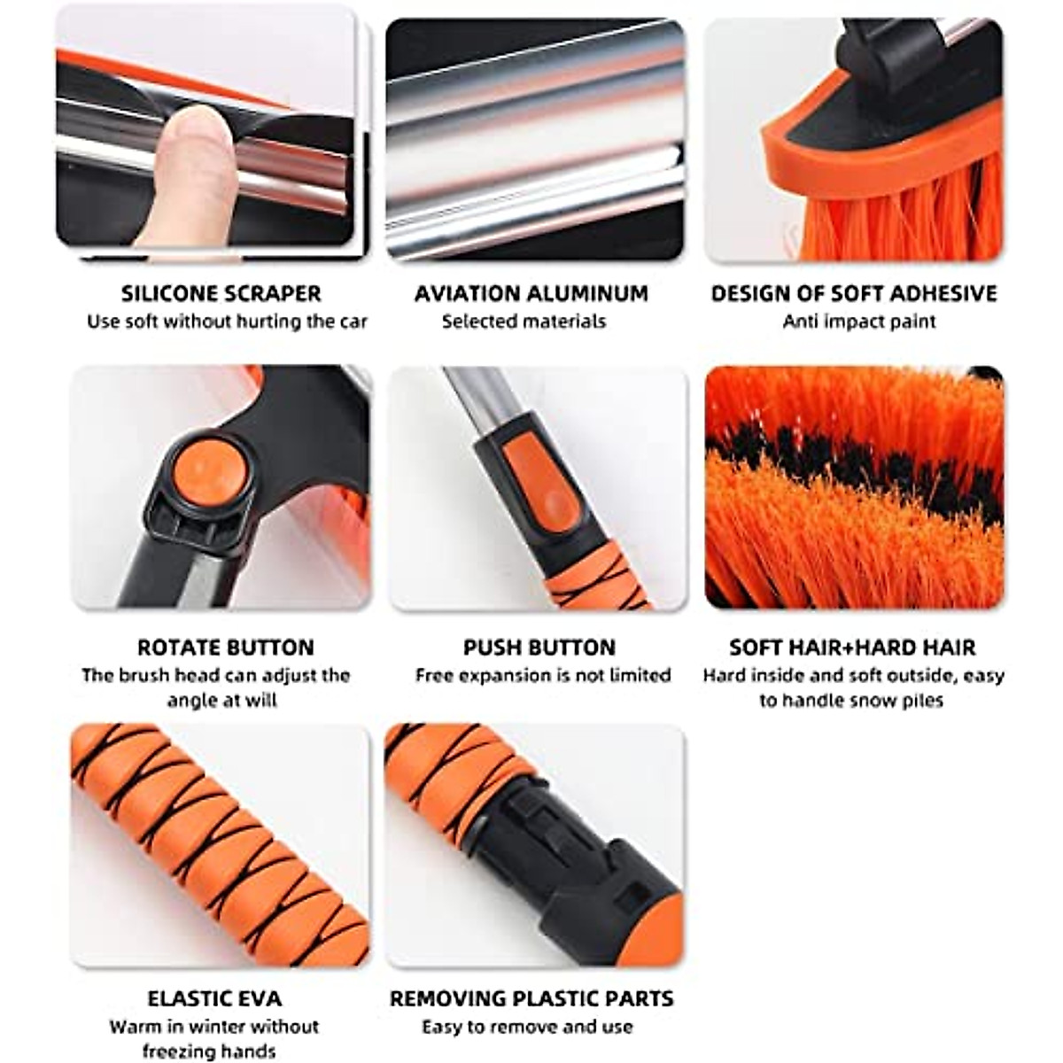 DUGAO 43" Ice Scrapers for Car Windshield Extendable Snow Brush 5 in 1 with Squeegee Foam Grip and 360° Pivoting Brush Head for Car SUV Truck