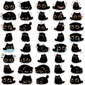 Cute Black Cat Stickers, Funny Cartoon Cat Meme Stickers Pack, 40PCS Funimost Vinyl Waterproof Animal Stickers for Water Bottle Laptop (Cat)