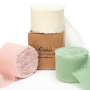 Ribbli Chiffon Ribbon 1.5 inch x 30 Yard Handmade Silk Ribbon, Ivory/Blush Pink/Sage Green Fringe Chiffon Ribbon for Wedding Invitations, Bridal Bouquets Wrapping, Flower Arrangement Decoration